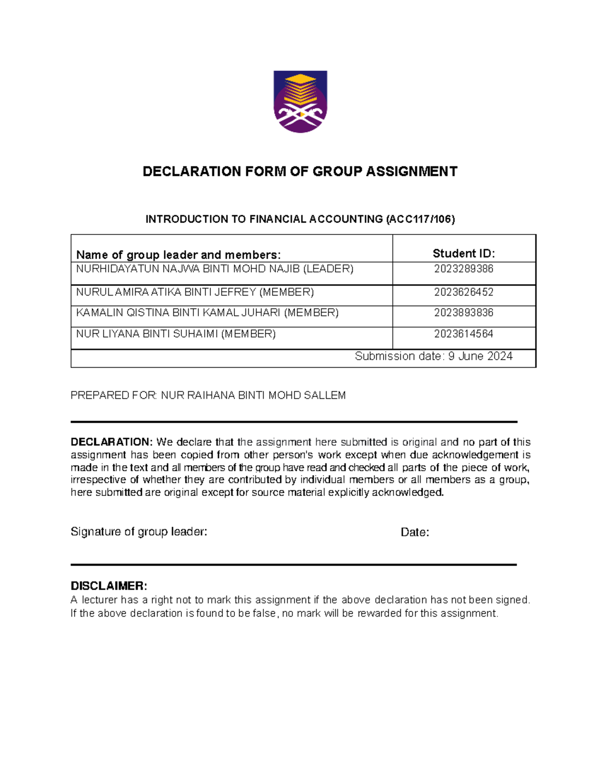 Group Project 1 (ACC117) - DECLARATION FORM OF GROUP ASSIGNMENT ...