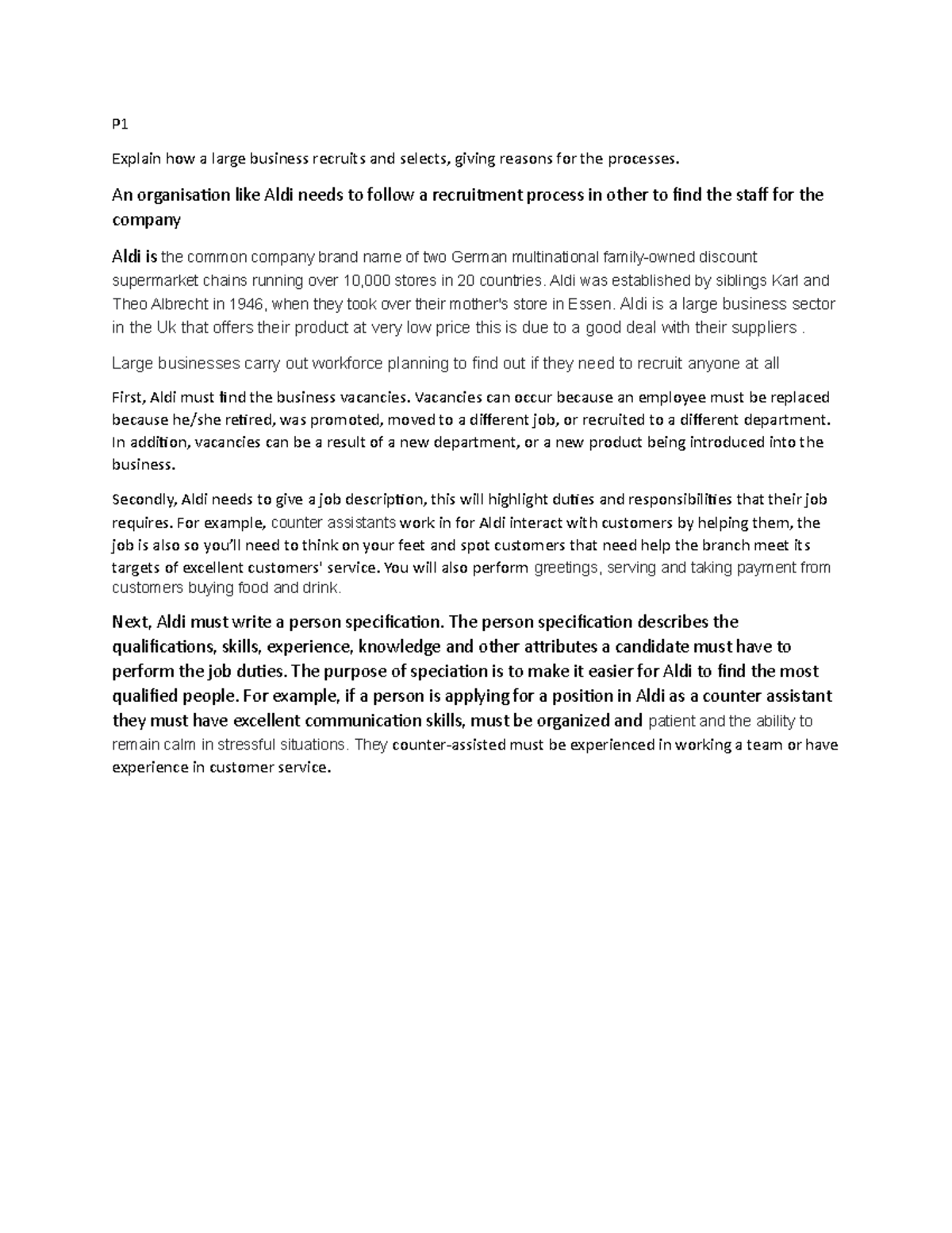 Unit 8 - p1 - btec - P Explain how a large business recruits and selects, giving reasons for the ...