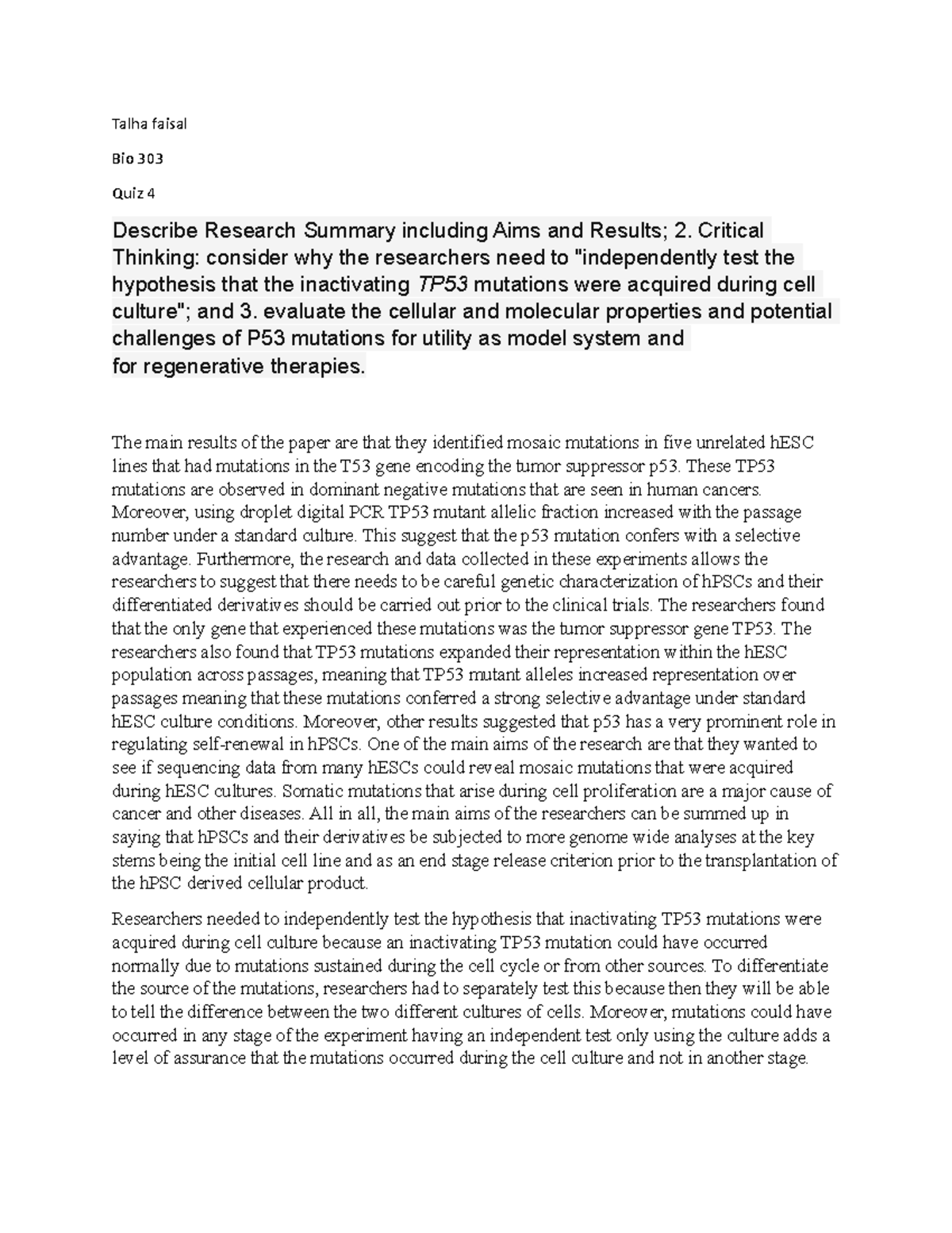 Talha faisal quiz 4 - Fourth lab quiz Cell bio 303 - Talha faisal Bio ...