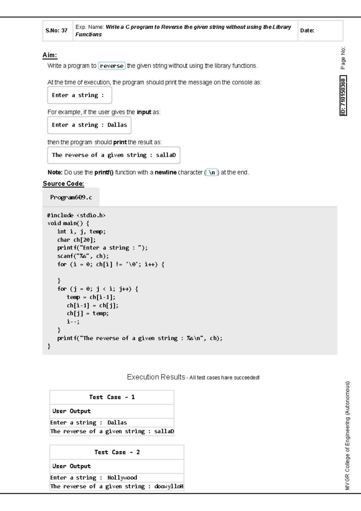 W8-5 - Sjsj - S: 37 Exp. Name: Functions Write a C program to Reverse ...