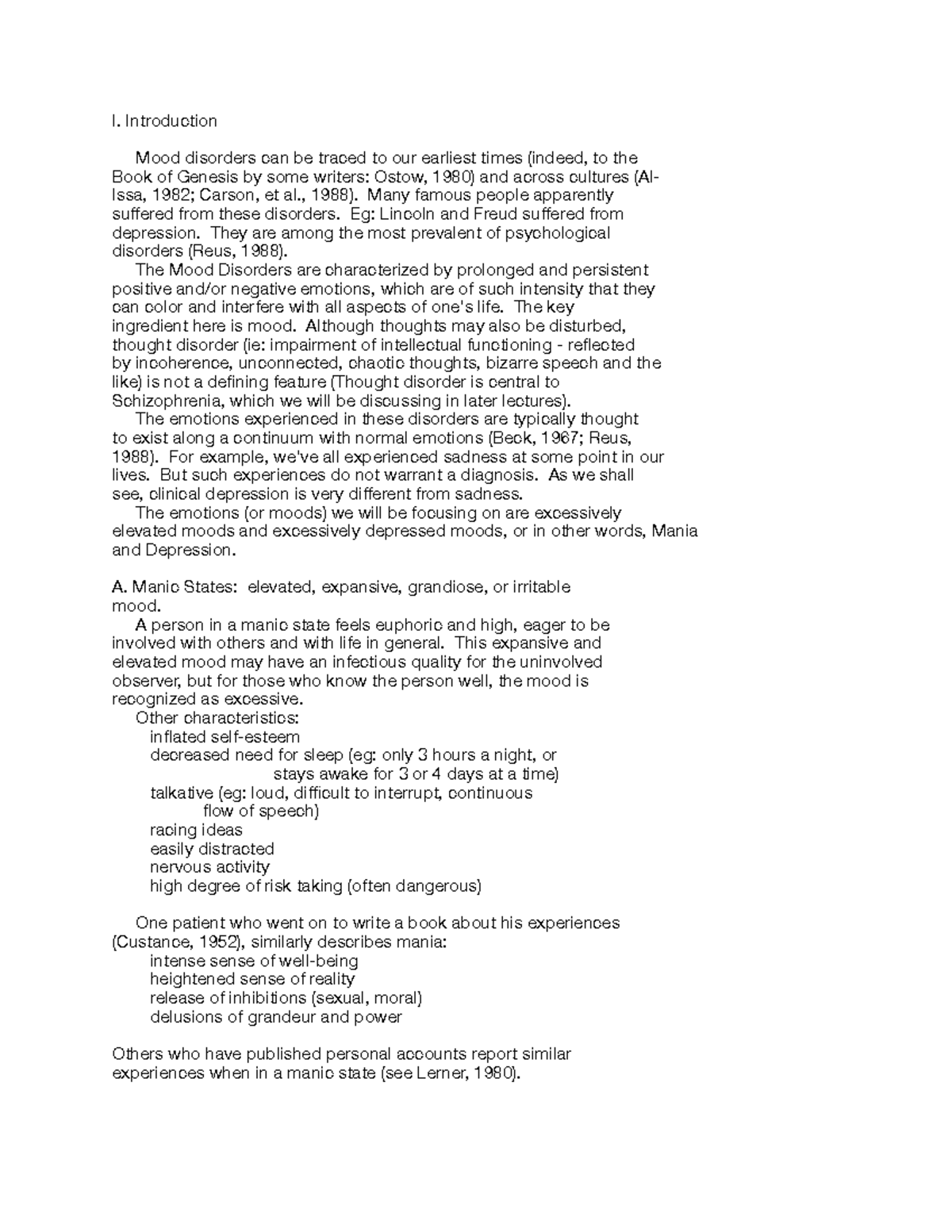 Ab psych notes 6 - I. Introduction Mood disorders can be traced to our ...