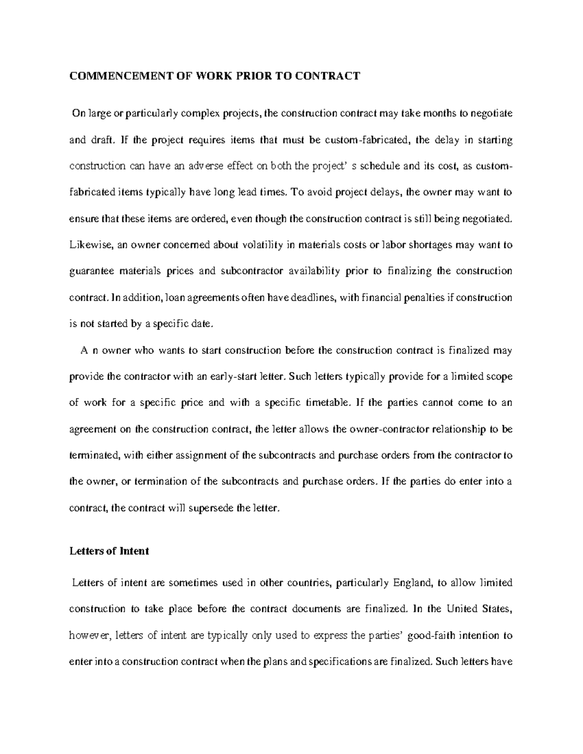 Commencement OF WORK Prior TO Contract - COMMENCEMENT OF WORK PRIOR TO ...