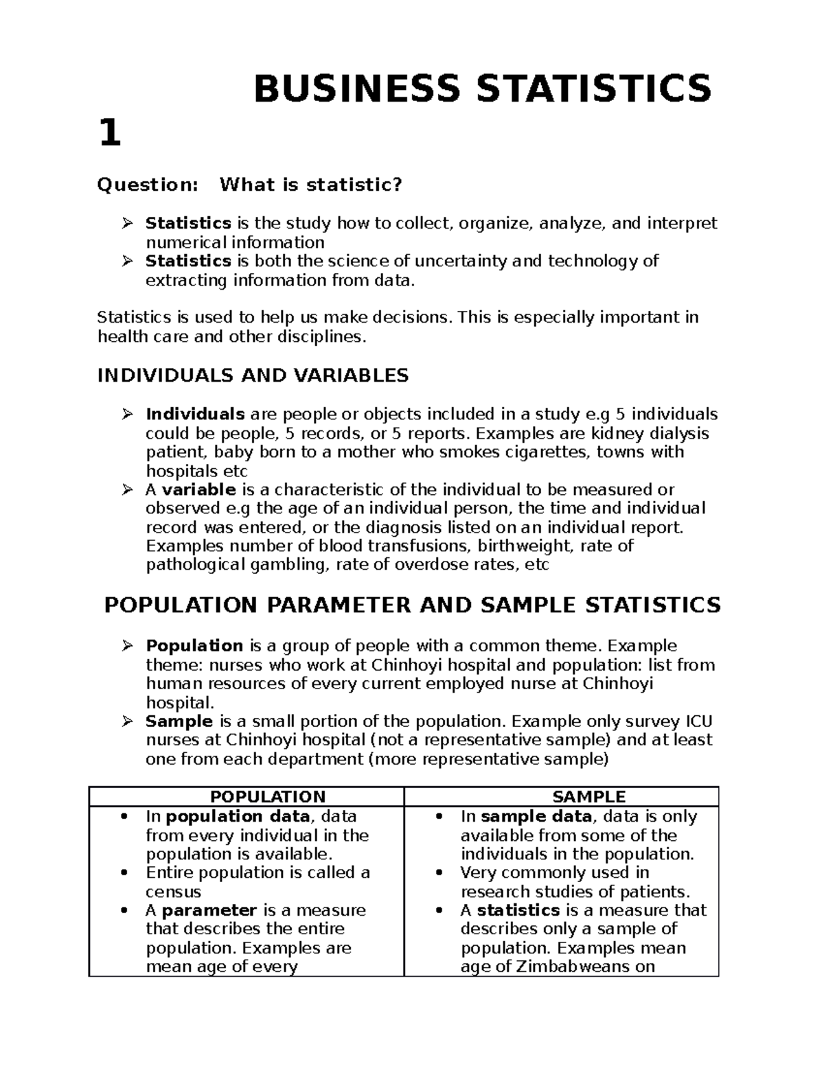 BBFH 103 Notes - BUSINESS STATISTICS 1 Question: What is statistic ...