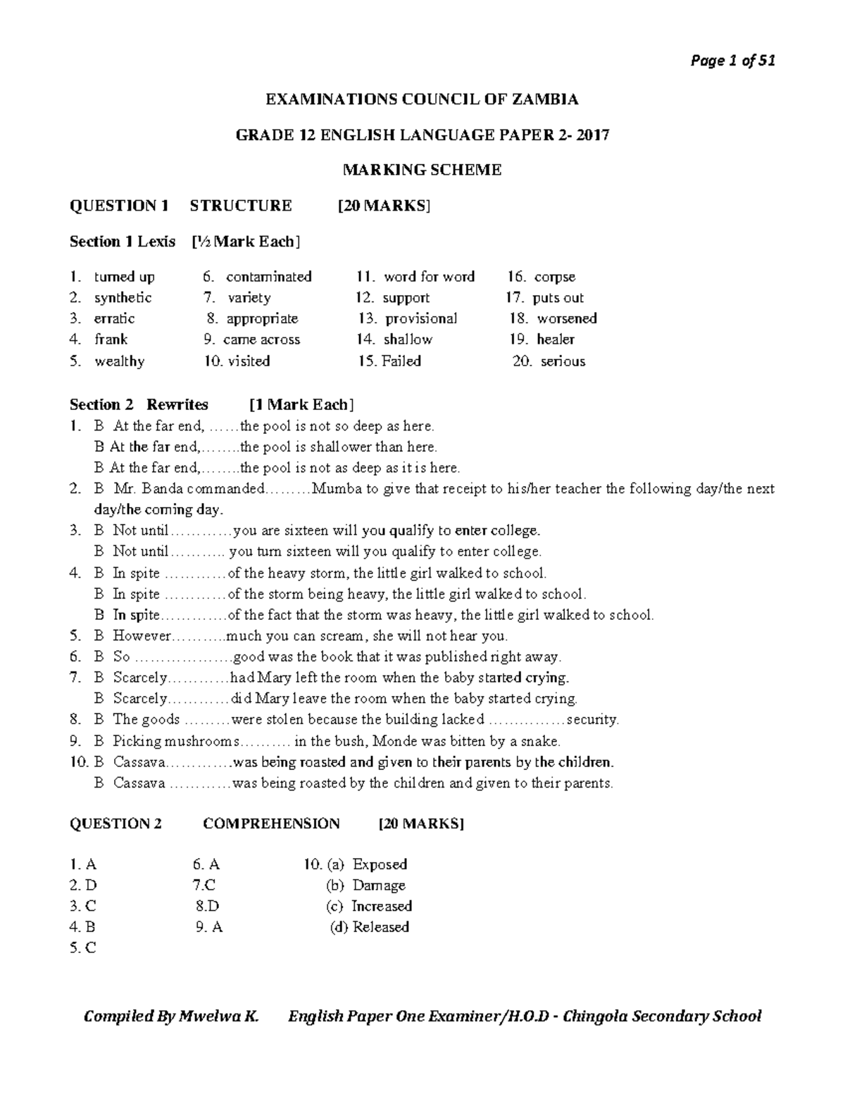 Ecz Marking Keys English Examinations Council Of Zambia Grade 12