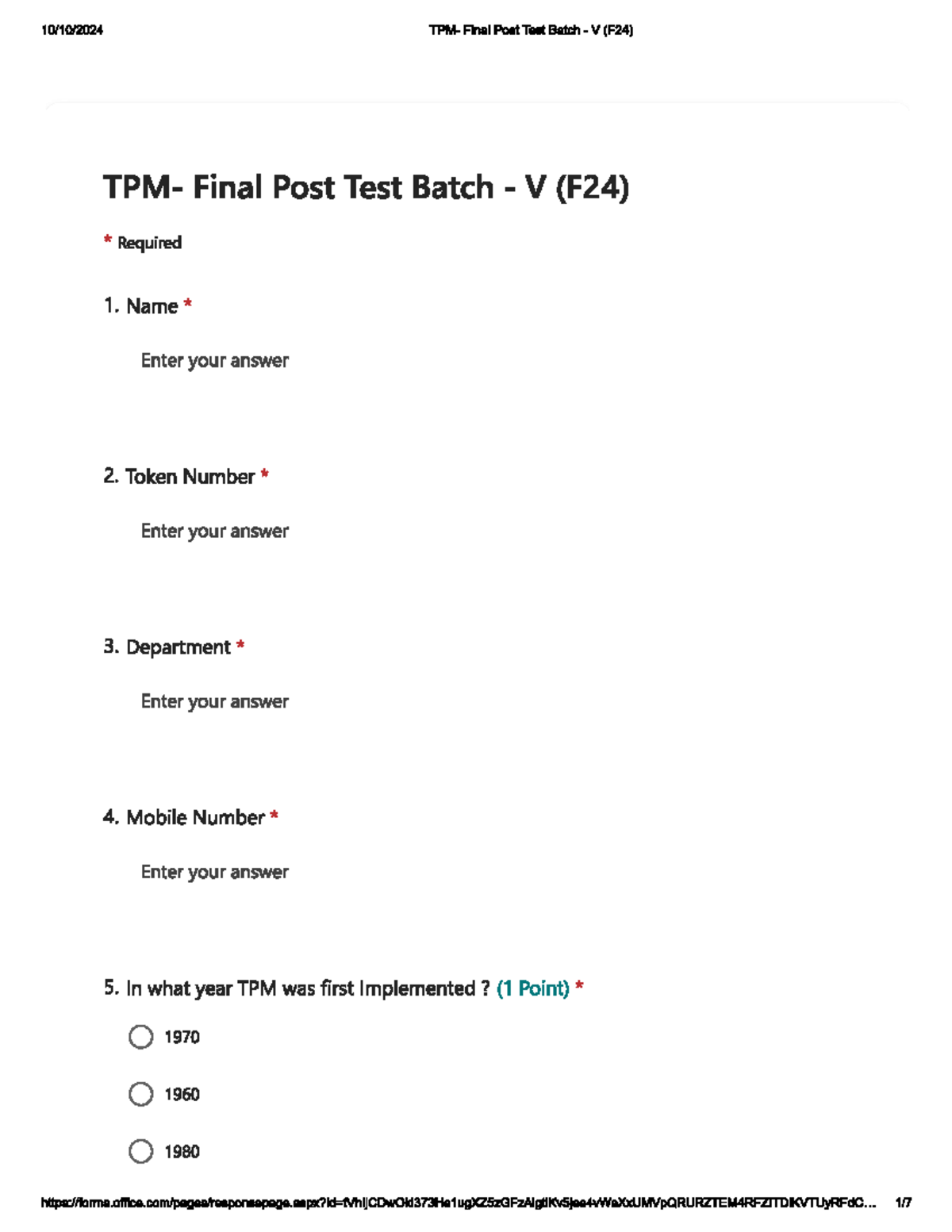 TPM test paper - testing - Final Post Test Batch V (F24) Final Post ...