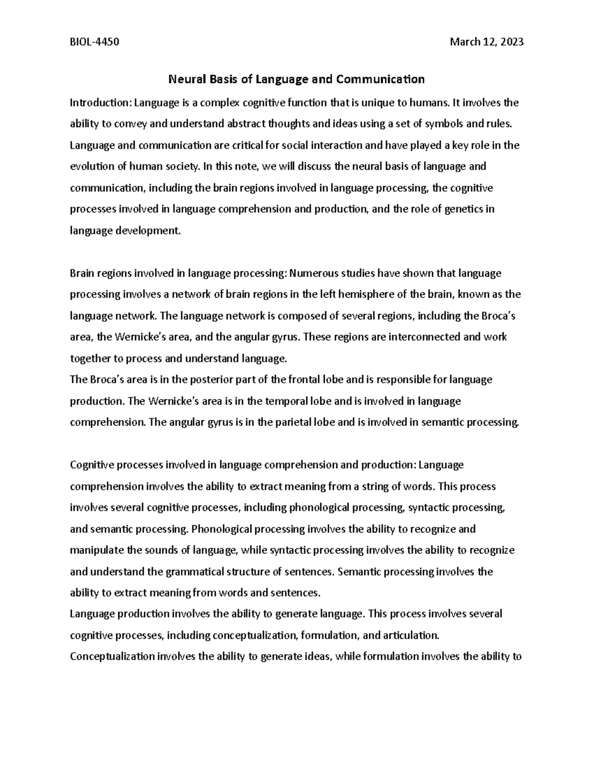 Neural basis of language and communication - BIOL-4450 March 12, 2023 ...
