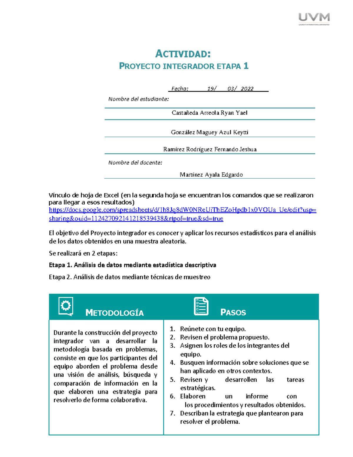Proyecto integrador etapa 1 - ACTIVIDAD: PROYECTO INTEGRADOR ETAPA 1 Fecha: 19/ 03/ 2022 Nombre ...