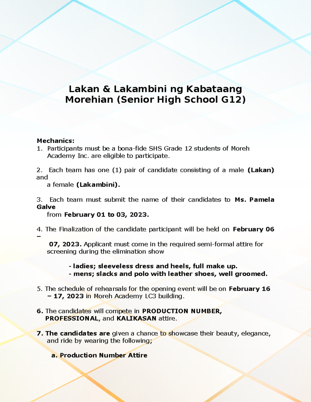 Lakan AND Lakambini Mechanics - Lakan & Lakambini ng Kabataang Morehian ...