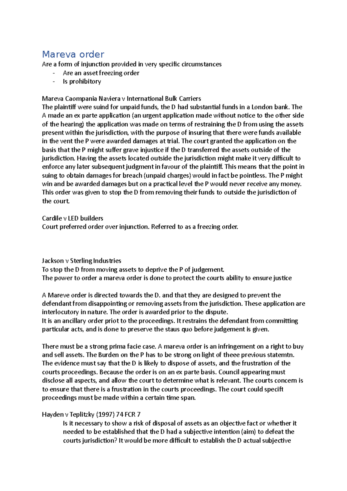 Mareva order - Lecture notes special catch up lecture - Mareva order ...