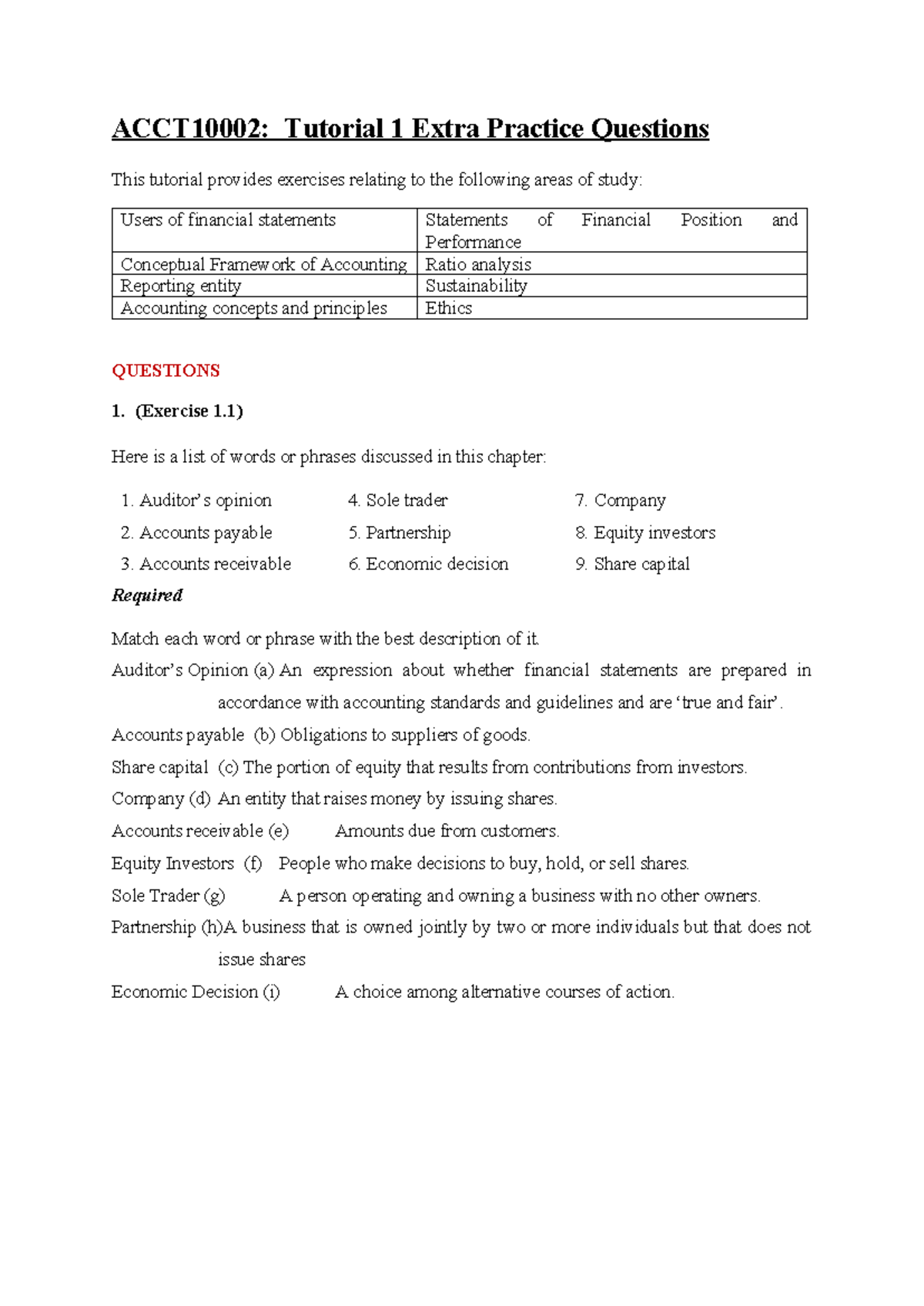 ACCT10002 Tutorial 1 Extra Practice Questions and Solutions - ACCT10002: Tutorial 1 Extra ...