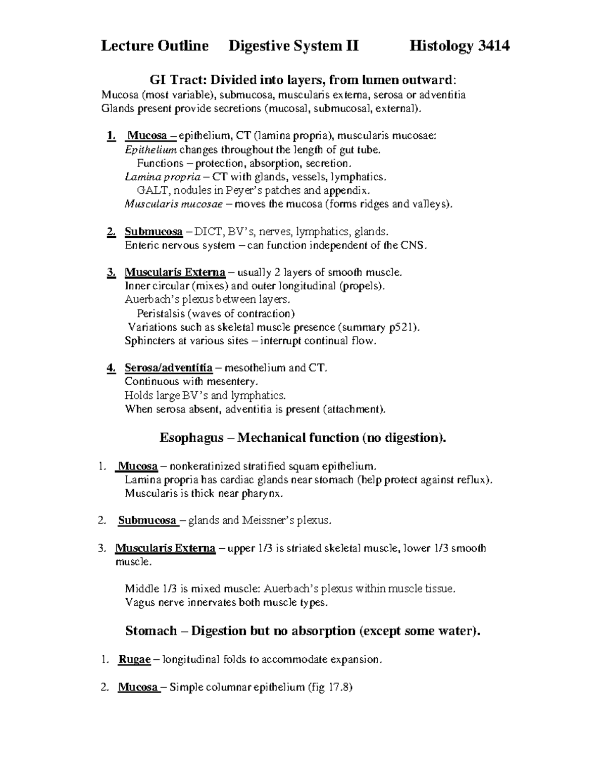 Histology Topic Review Outline-Digestive System - GI Tract: Divided ...