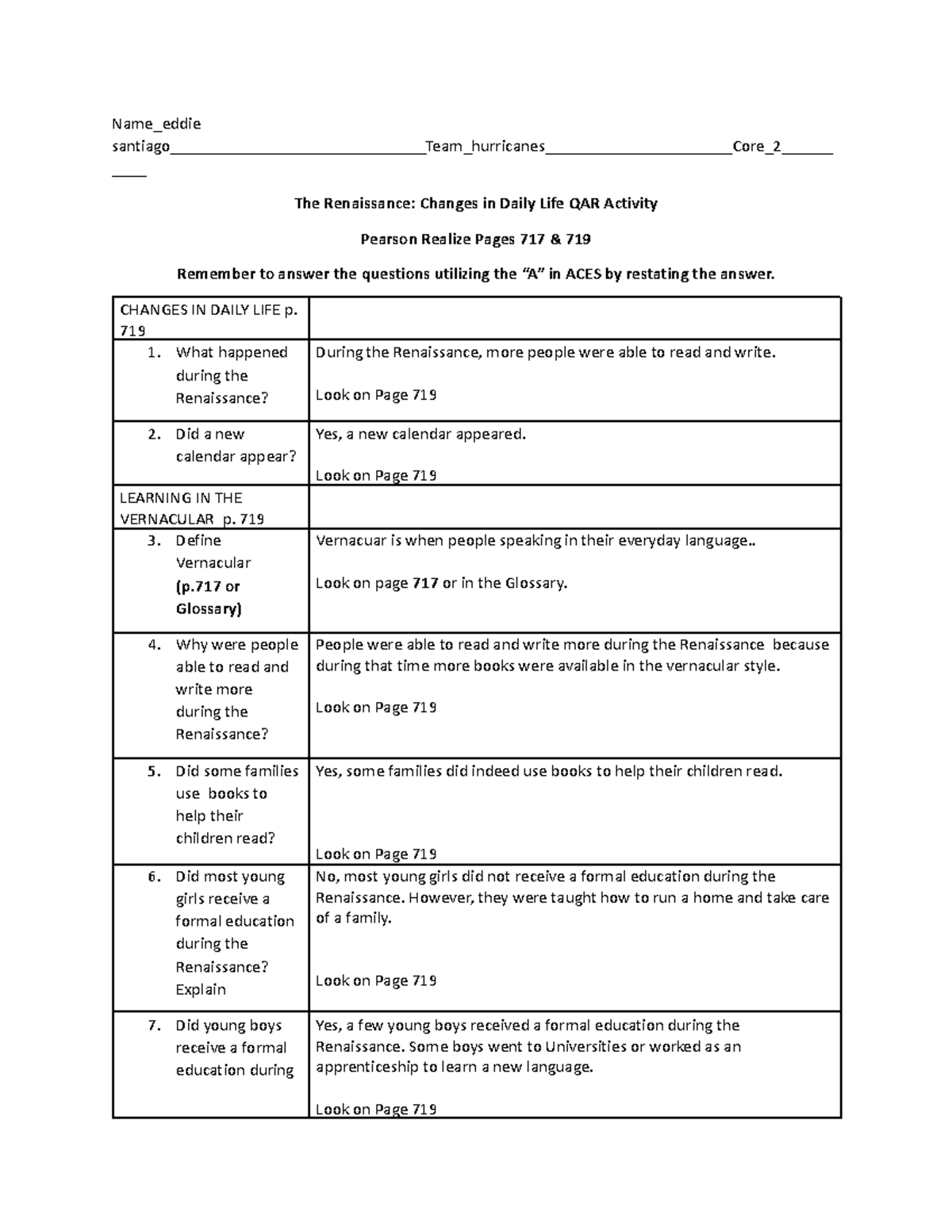 Copy of Unit-3 Renaissance-Change in Daily Life Pearson Realize QAR ...