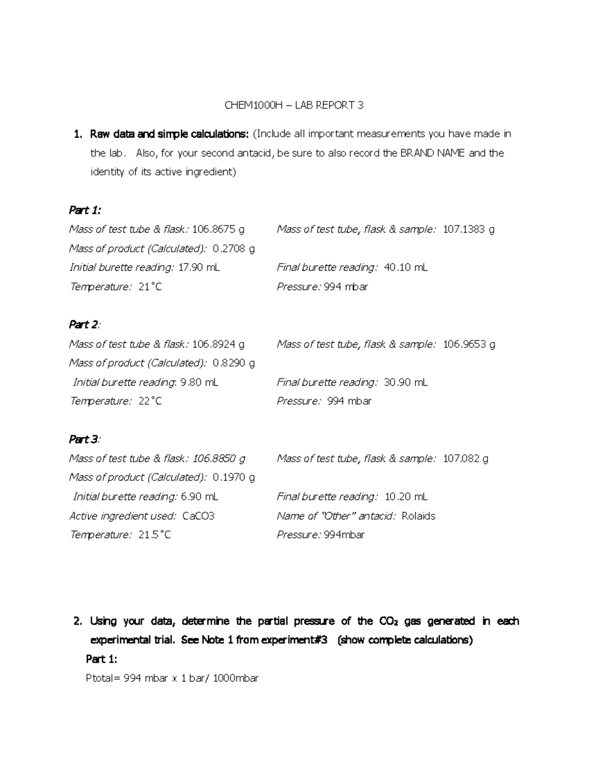 Chem1000H-Lab3Report - CHEM1000H – LAB REPORT 3 Raw data and simple ...