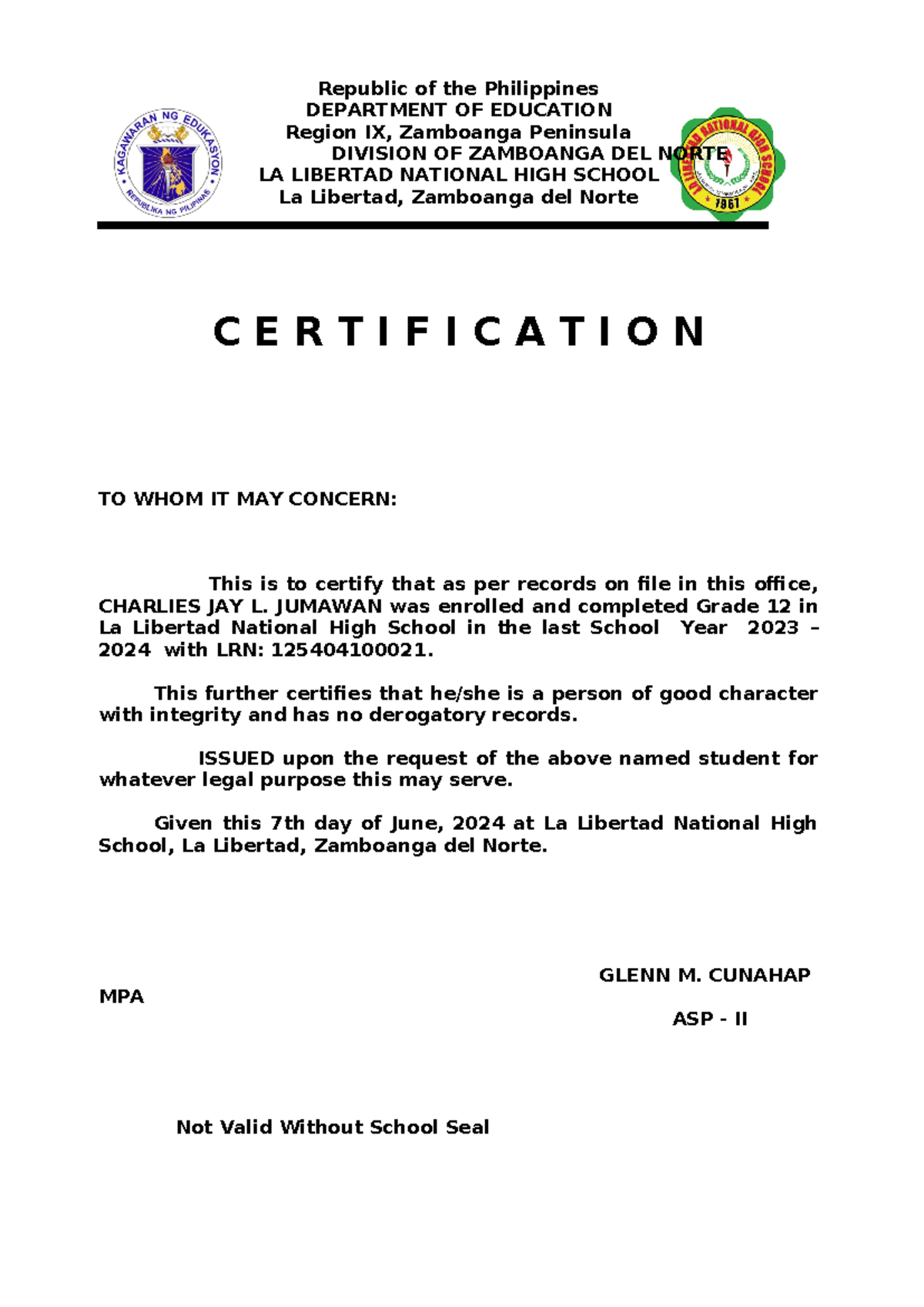 Certificate OF GOOD Moral AND Enrolment - Republic of the Philippines ...