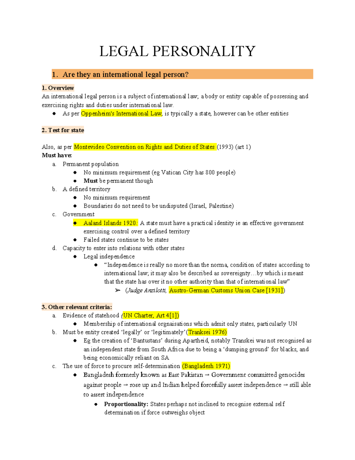 Public International Notes- Treaties, Statehood, Legal Personality ...