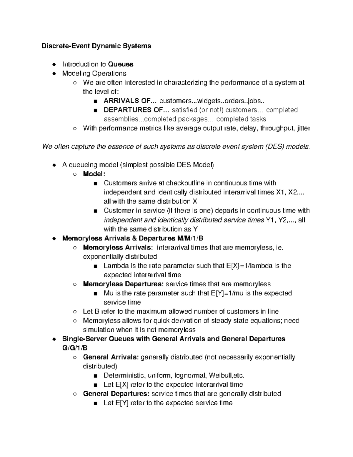 Discrete Notes - Discrete-Event Dynamic Systems Introduction to Queues ...