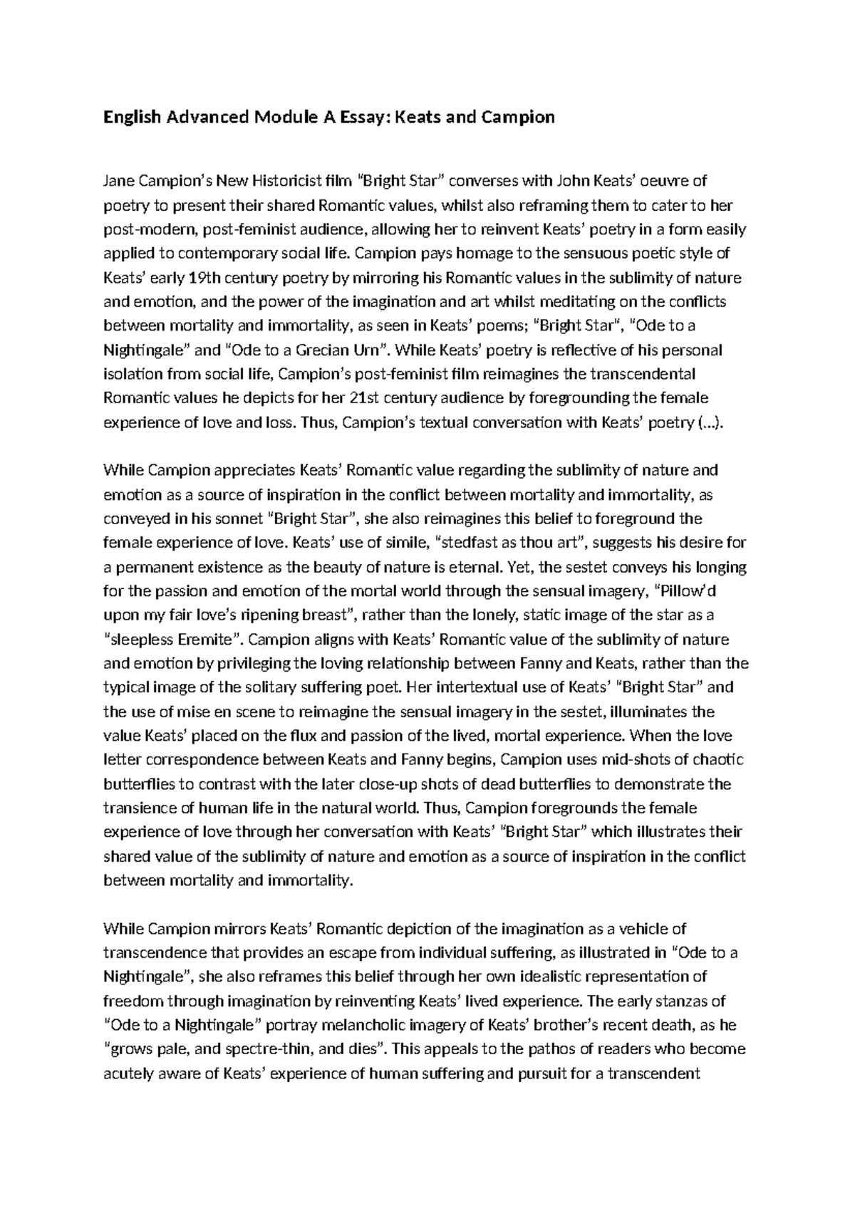 English Advanced Module A Essay - Campion pays homage to the sensuous ...