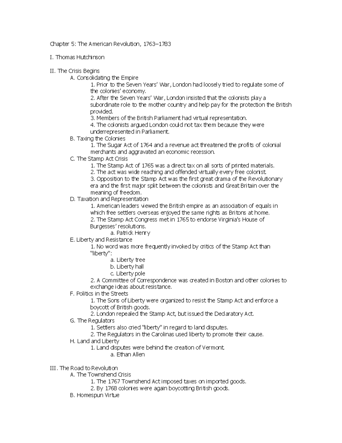 Foner Chapter 5Outline - Chapter 5: The American Revolution, 1763– 1783 ...