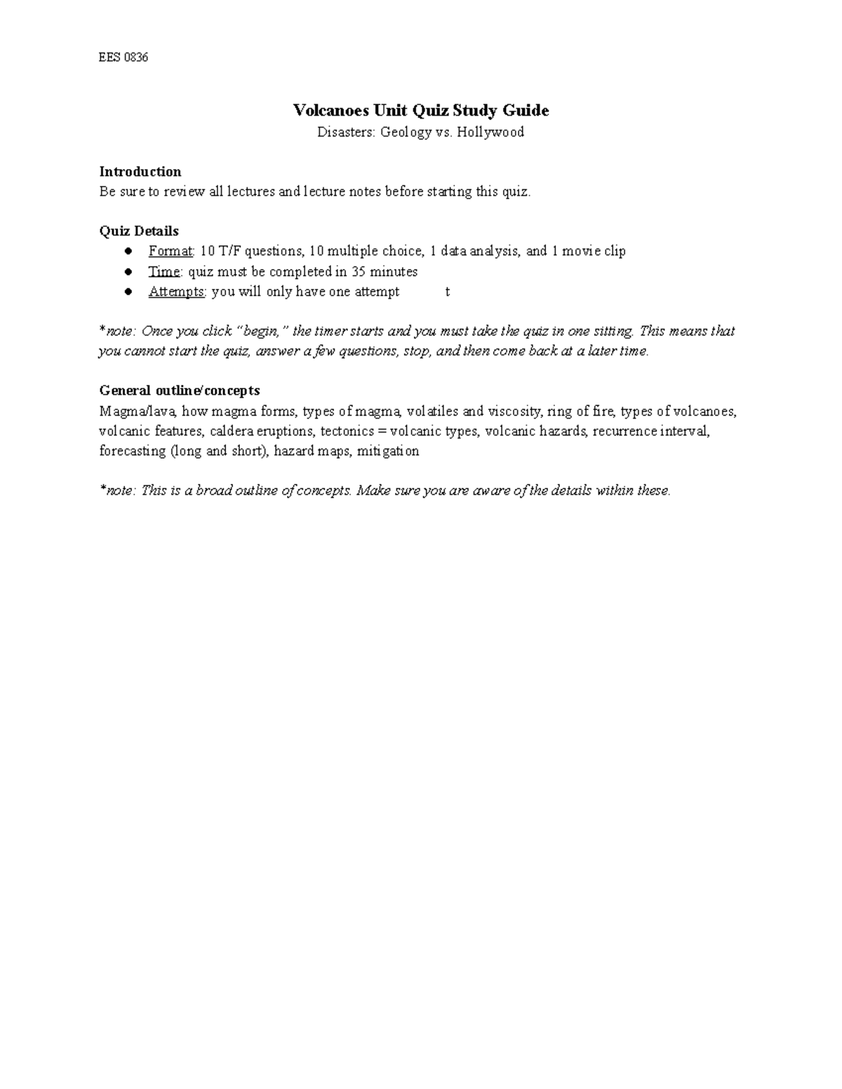 Unit Study Guide for Volcanoes - EES 0836 Volcanoes Unit Quiz Study ...
