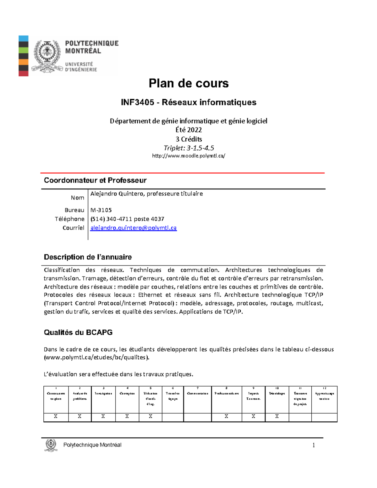 Plan De Cours-E22-INF3405 - Plan de cours INF 3405 - Réseaux informatiques Département de génie ...