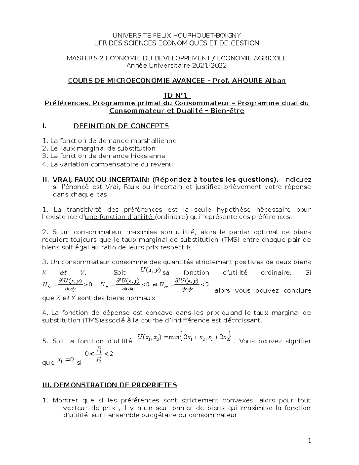 UFHB Masters 2 2021-2022 Micro Avancée TD1 - UNIVERSITE FELIX HOUPHOUET-BOIGNY UFR DES SCIENCES ...