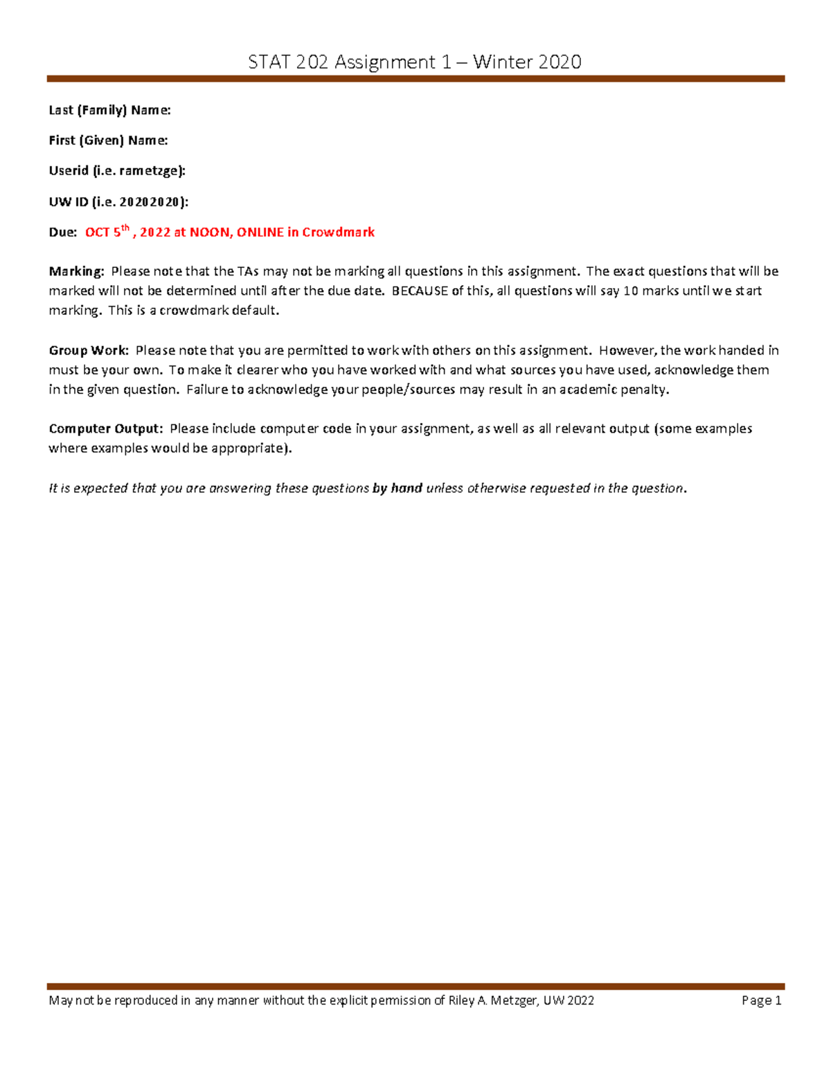 S202-Assign 1-F22-questions - STAT 202 Assignment 1 – Winter 2020 May ...