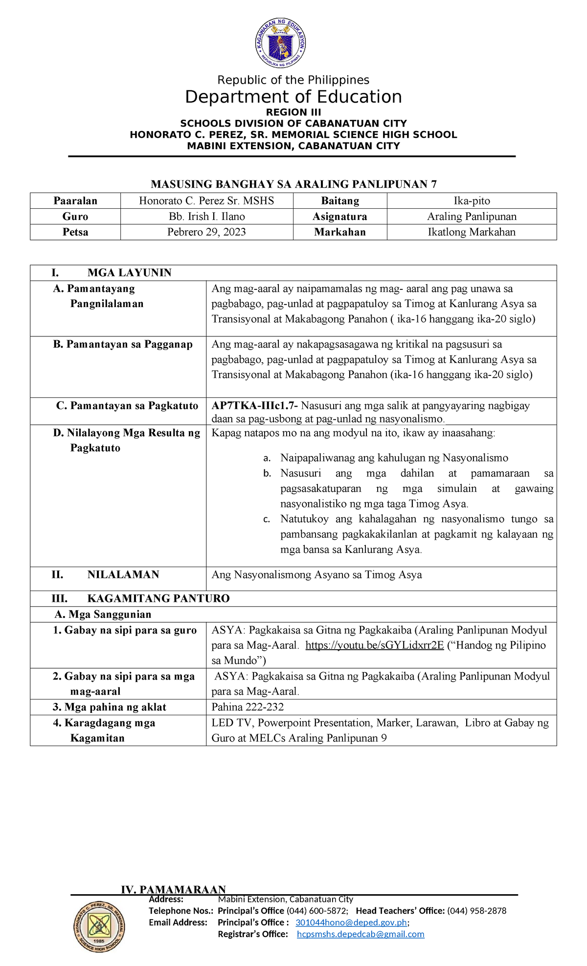 WEEK 3 3 Final - Detailed Lesson Plan - Address: Mabini Extension ...
