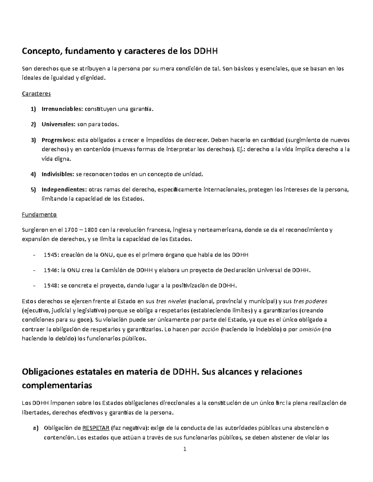 Apunte Derechos Humanos Abogacía - 1 Concepto, fundamento y caracteres de los DDHH Son derechos ...