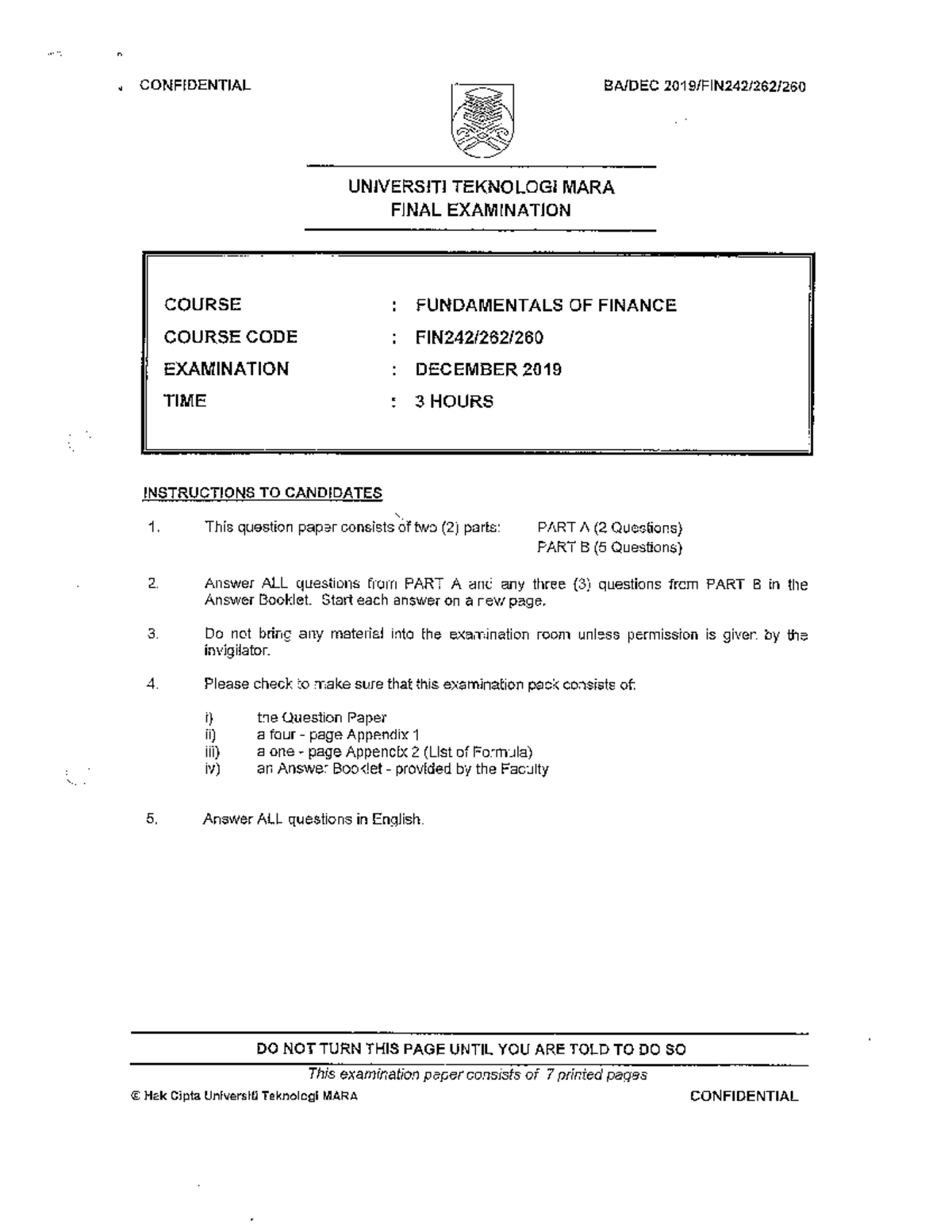 FIN242 Final DEC 2019 - Fundamentals of Finance - Studocu