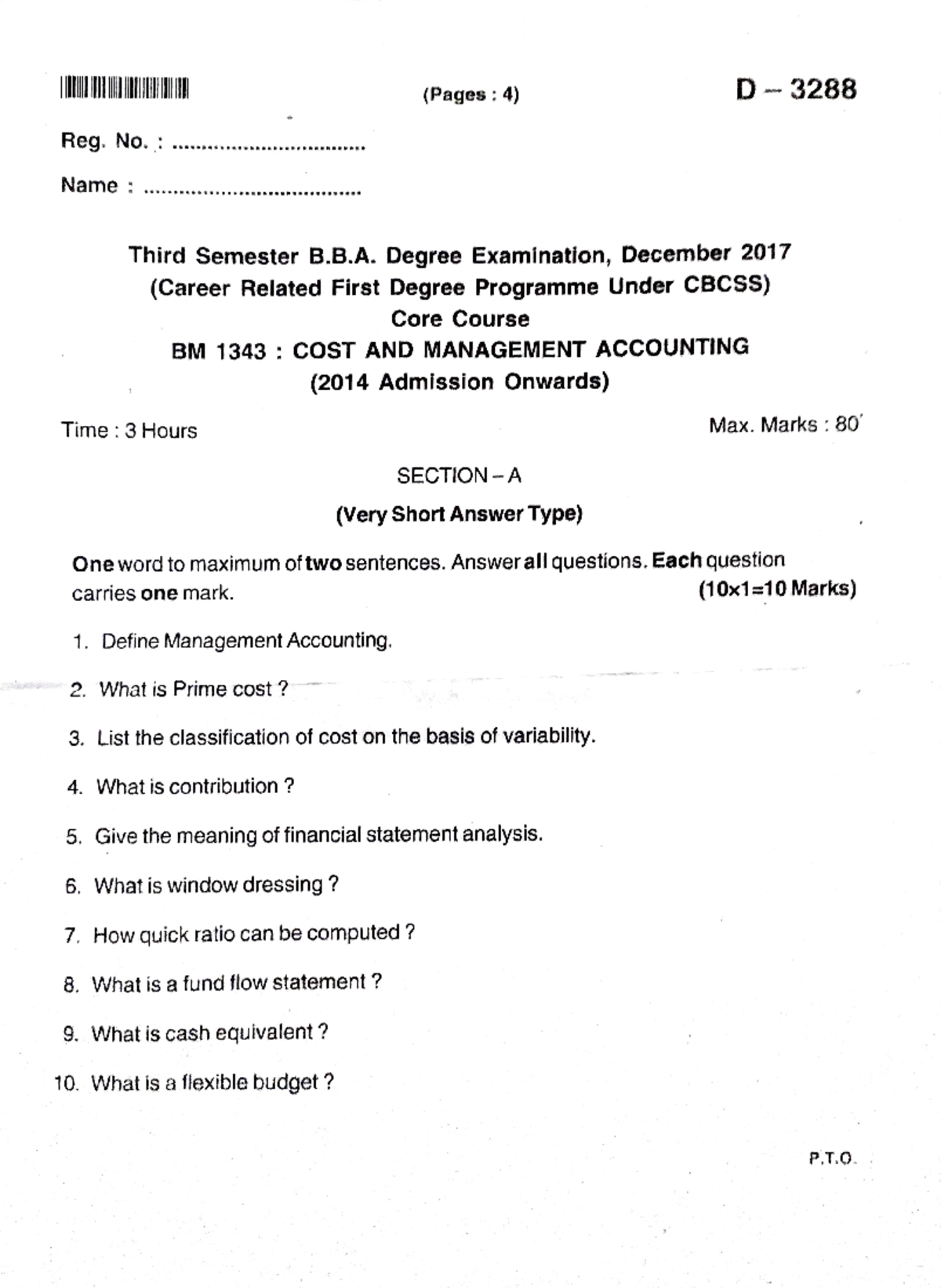 Cost and Management previous question paper BM 1343 D- 3288 - (Pages: 4 ...