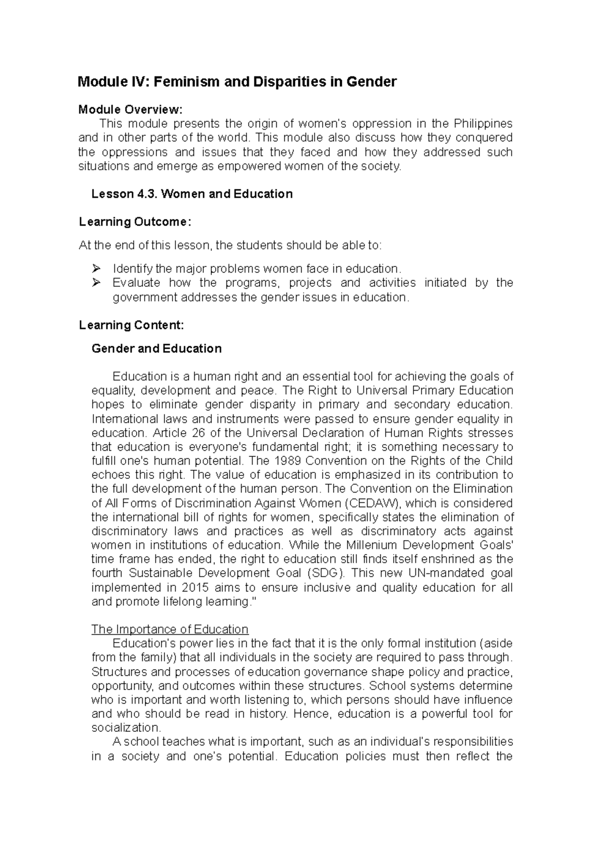 Module IV Week 10 Women and Education - Module IV: Feminism and ...