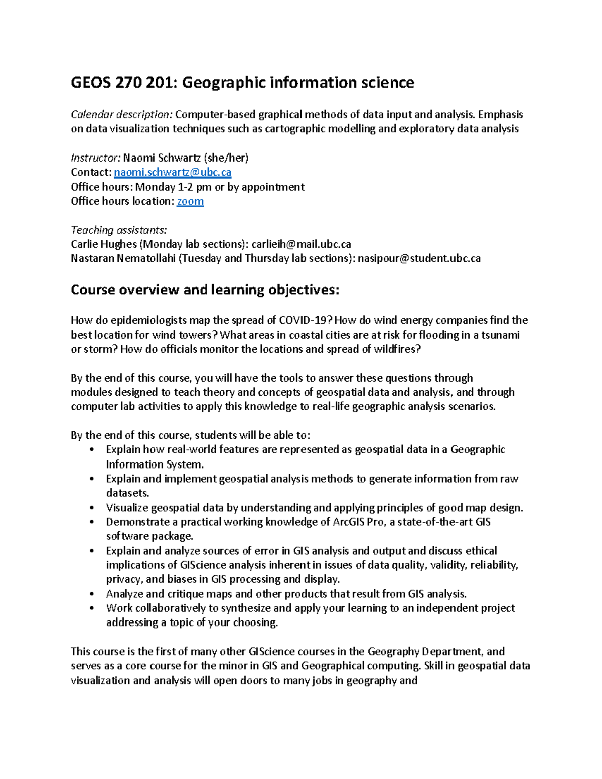 GEOS 270 201 syllabus January 2022-1 - GEOS 270 201: Geographic information science Calendar ...