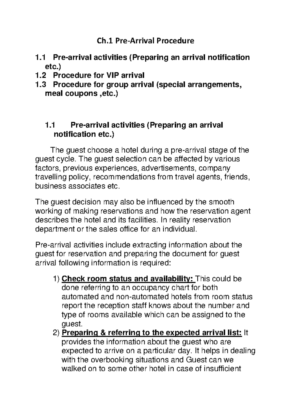 BSc HS Sem II HS 204 Ch - Ch Pre-Arrival Procedure 1 Pre-arrival ...