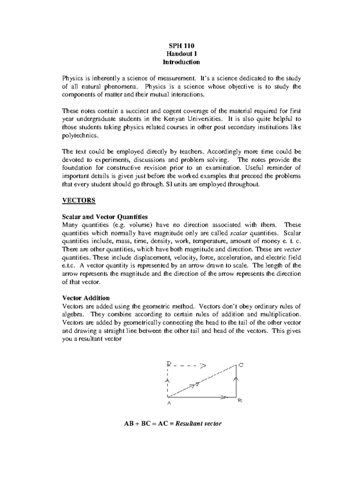 Fundamentals of physics first year notes - ####### SPH 110 Handout I ...