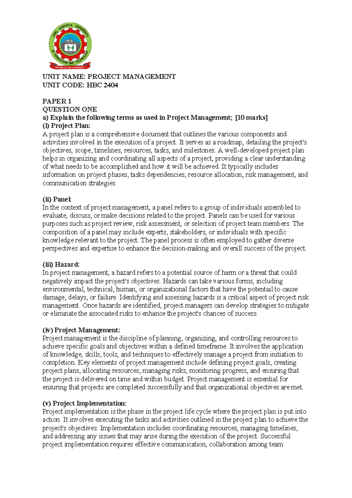 Project Management - Bbit - UNIT NAME: PROJECT MANAGEMENT UNIT CODE ...