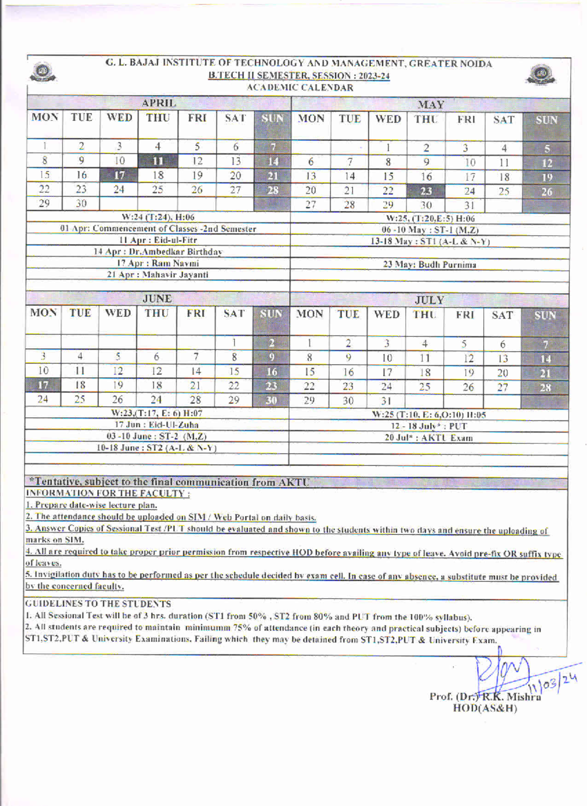 Academic Calendra B.Tech II Semester 2023-24 - G. L. BAJAJ INSTITUTE OF TECHNOLOGY AND ...