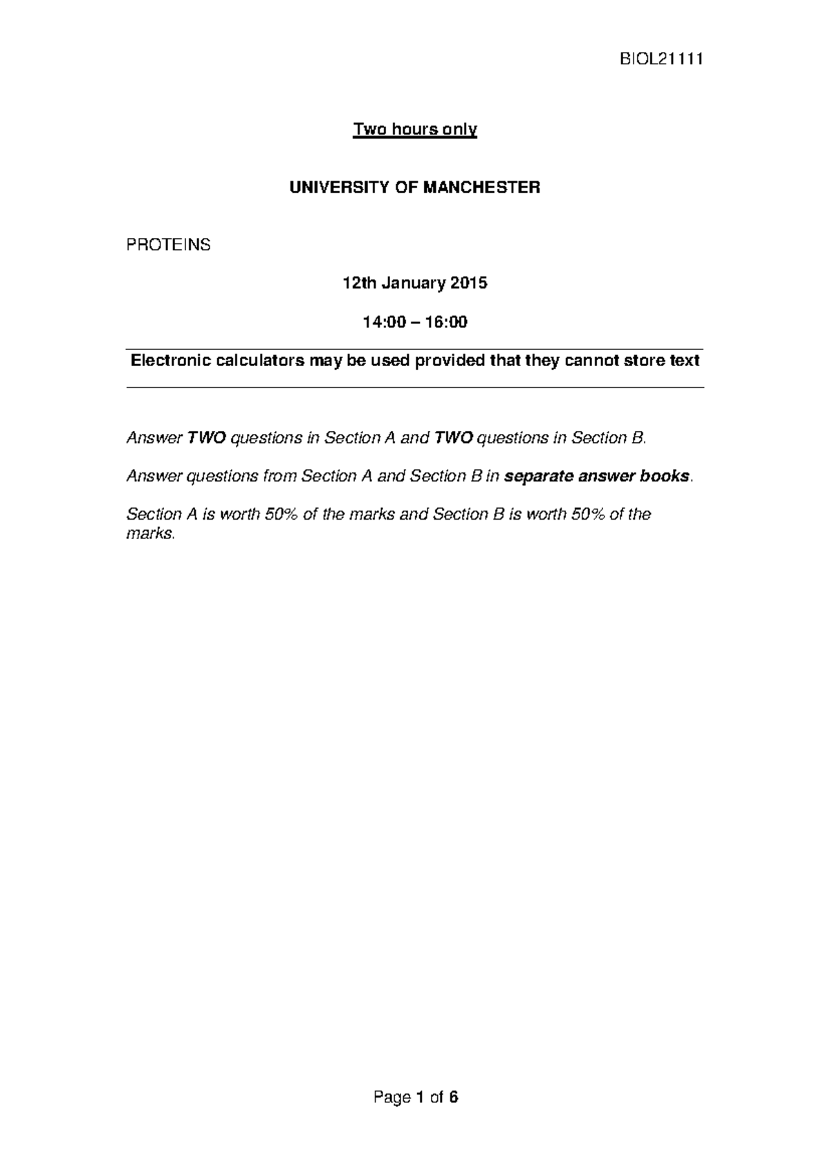 Exam 2015, questions - BIOL21111 Two hours only UNIVERSITY OF ...