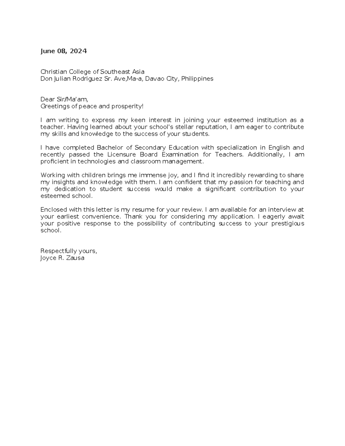 Application Letter - June 08, 2024 Christian College of Southeast Asia ...