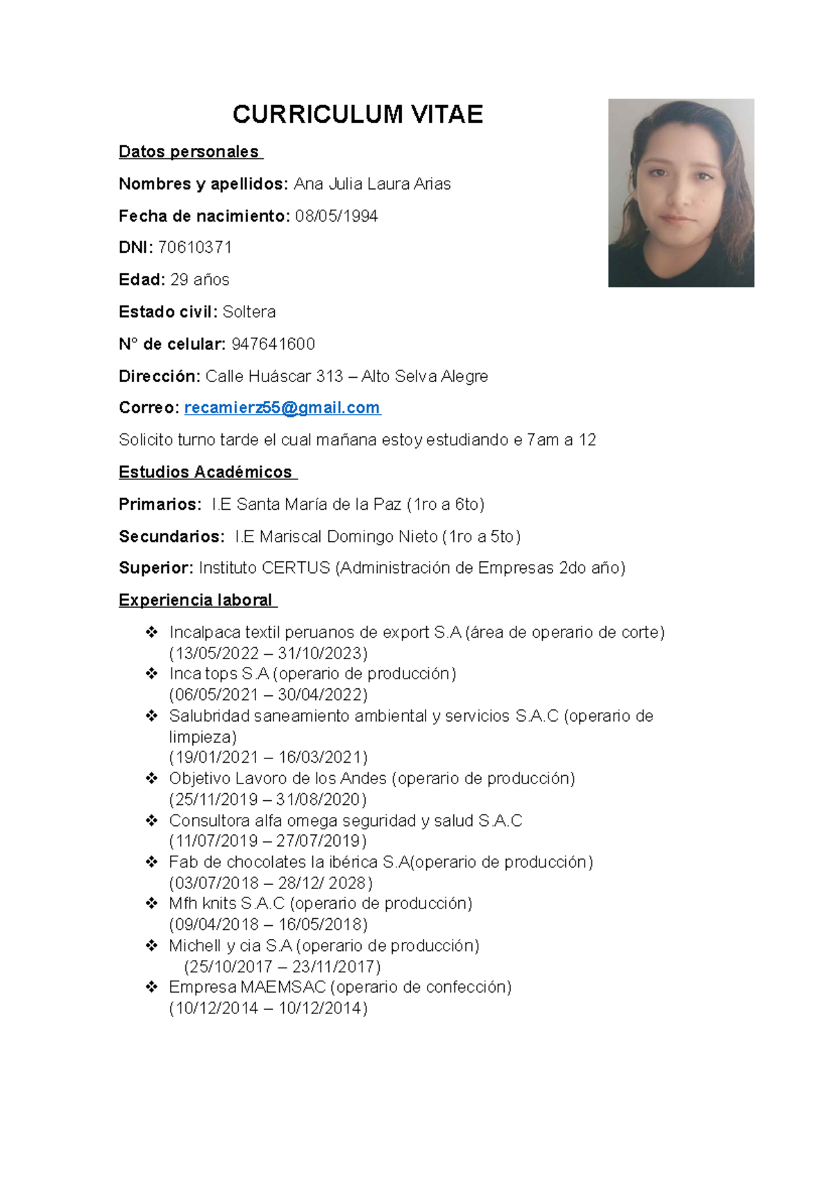 CV ANA - CURRICULUM VITAE Datos personales Nombres y apellidos: Ana ...