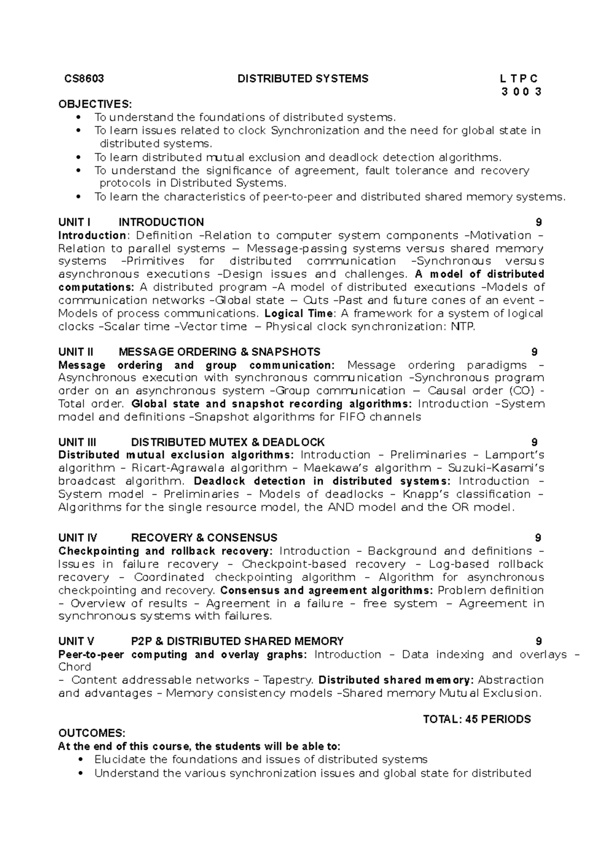 CS8603-DS- Syllabus - questons - CS8603 DISTRIBUTED SYSTEMS L T P C 3 0 0 3 OBJECTIVES: To - Studocu