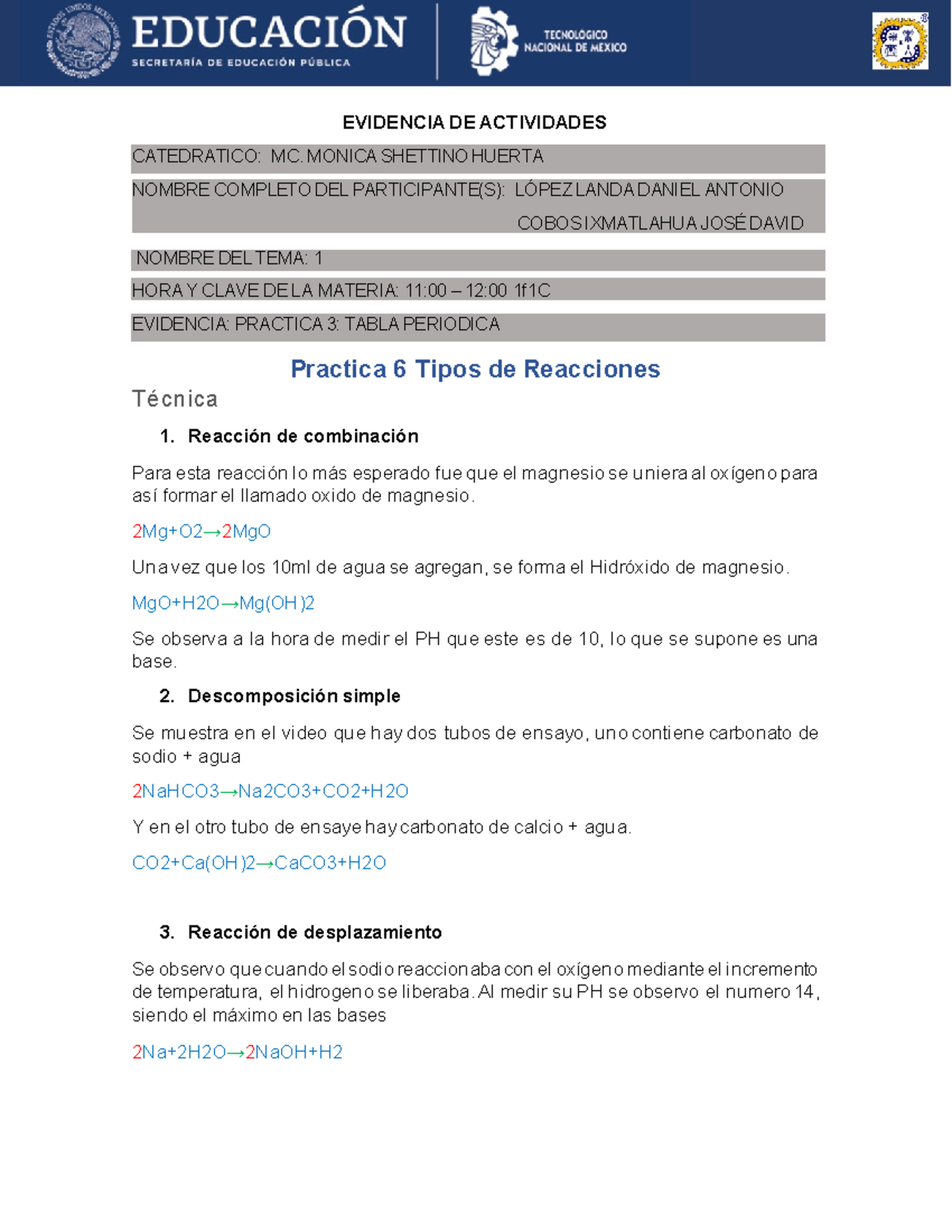 Practica 6 reacciones quimicas. Lopez landa daniel antonio - EVIDENCIA ...