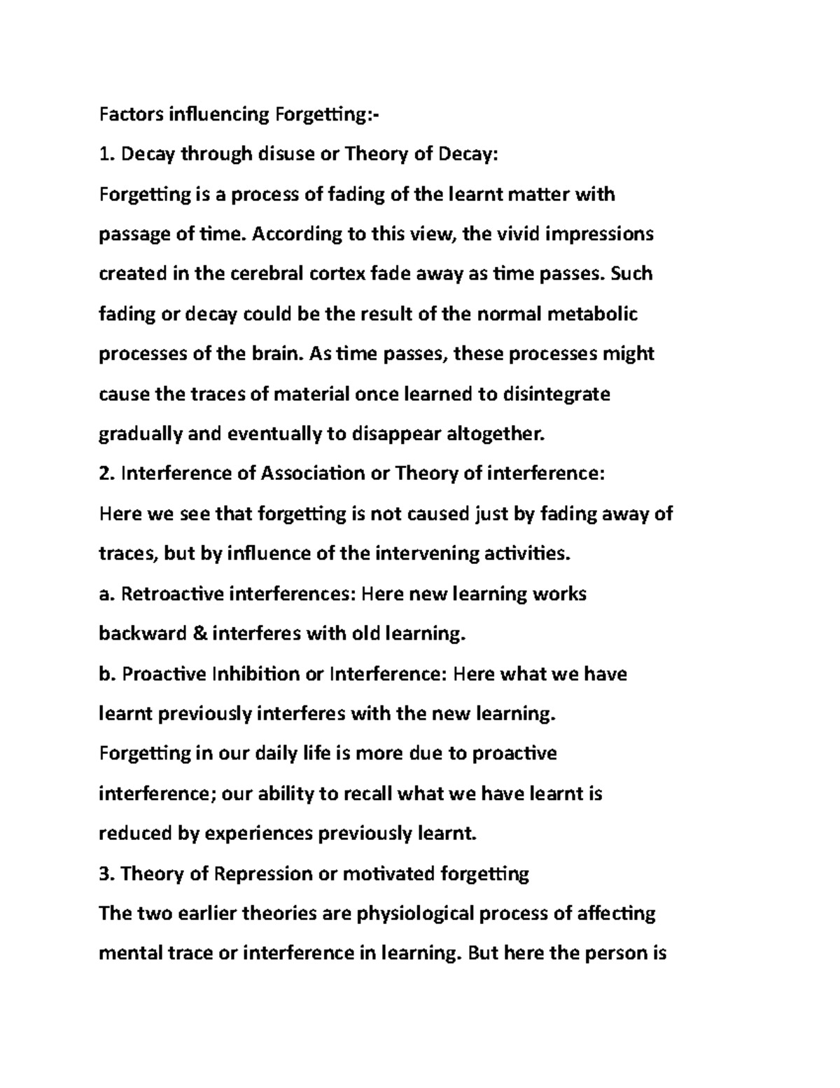 PSYC 143 - PSYC 143 NOTES - Factors influencing Forgetting:- Decay ...
