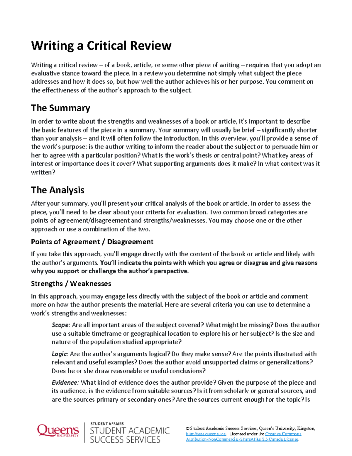 Writing a Critical Review - © Student Academic Success Services, Queen ...