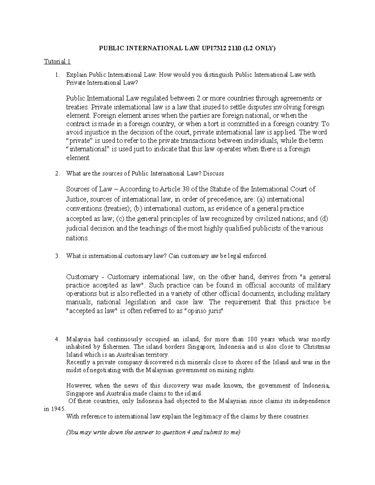 PIL TUT 1 - tuto 1 - PUBLIC INTERNATIONAL LAW UPI7312 2110 (L2 ONLY ...