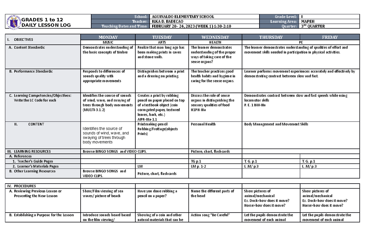 DLL Mapeh 1 Q3 W1 - week 1 dll - GRADES 1 to 12 DAILY LESSON LOG School ...