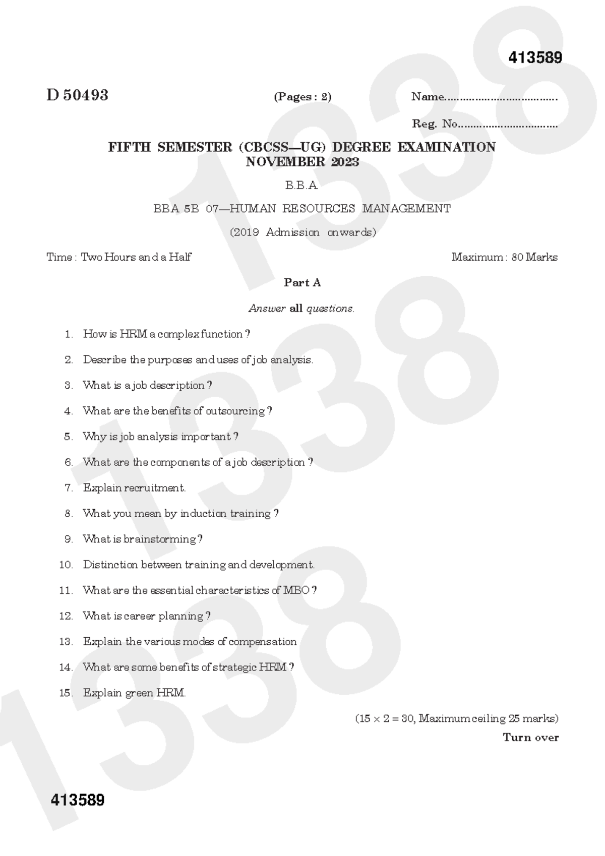 BBA Human Resource Management - Turn over D 50493 (Pages : 2) - Studocu