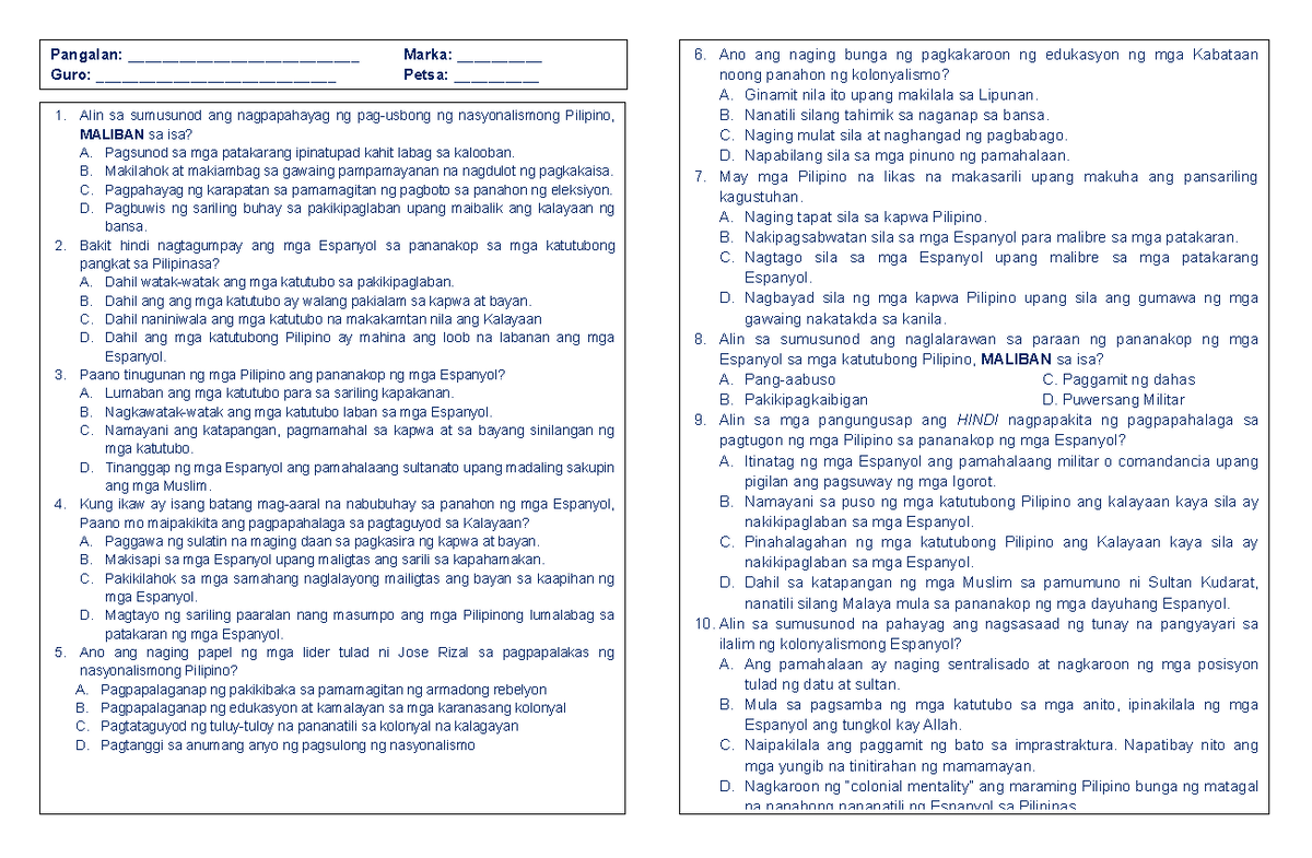 AP 5 - Periodical Exam - Pangalan: ___________________________ Marka ...