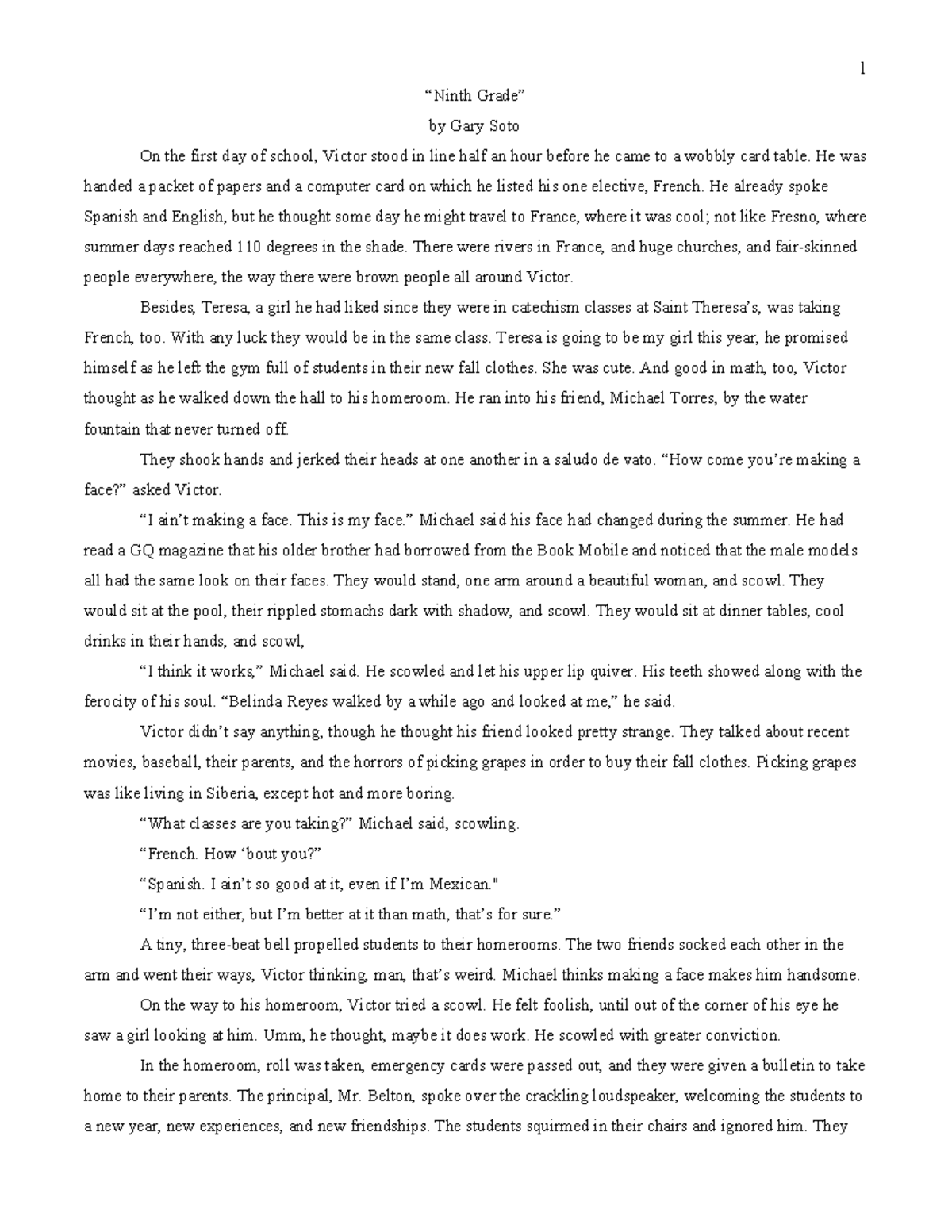 Ninth Grade - short story - “Ninth Grade” by Gary Soto On the first day ...