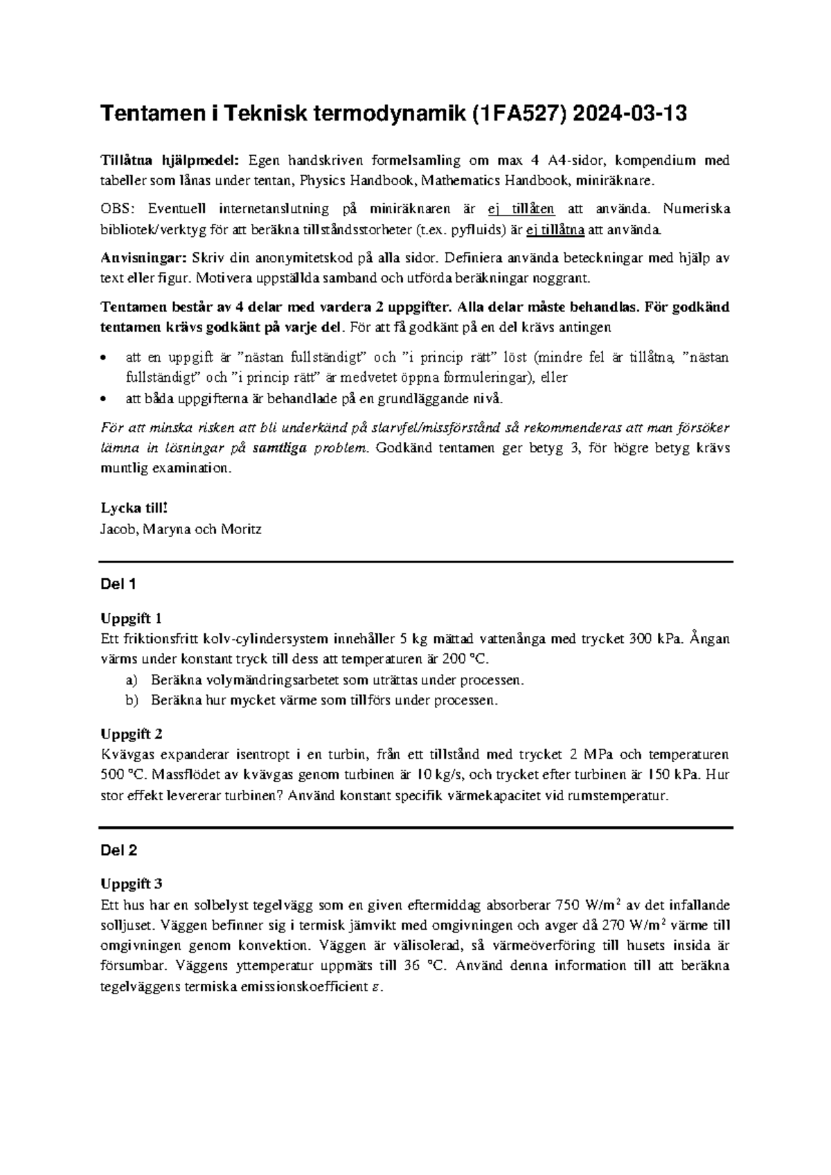 Tenta-2024-03-13 med lösningar - Tentamen i Teknisk termodynamik ...