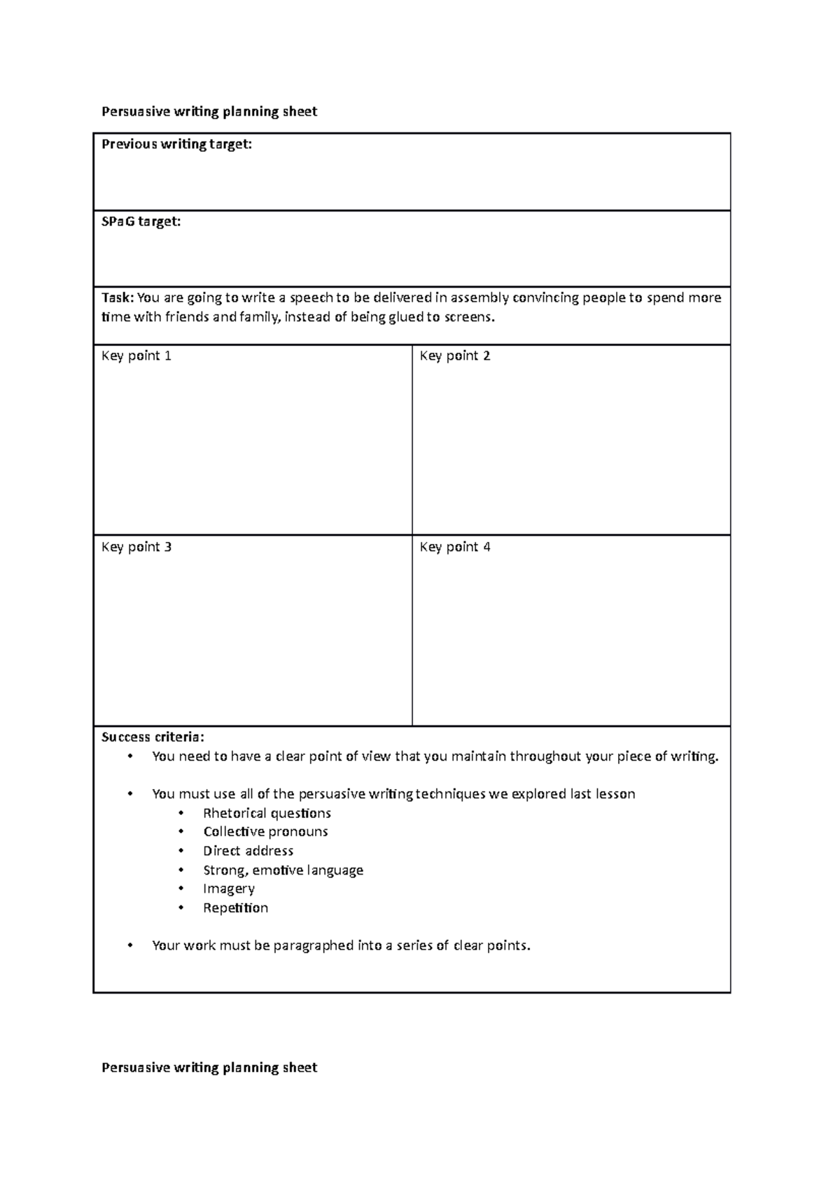 7. Persuasive writing planning sheet - • • • • Direct addressStrong ...